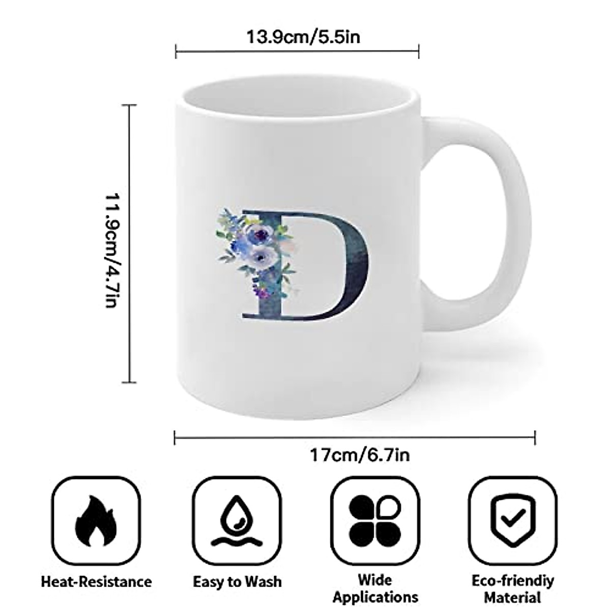 Floral Monogram Letter D Blue Ink Word Ceramic Mugs Coffee Mug Alphabet Letter Mockup Mug White Cup Mock Up Tea Mug Secret Santa Gift Christmas Eve 11oz