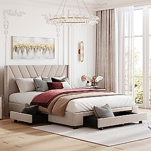 HABUHOME Queen Bed Frame with Storage Upholstered Platform Bed Frame with 3 Drawers and Headboard Modern Linen Queen Size Beds with Wooden Slats Support, No Box Spring Box Needed, Beige