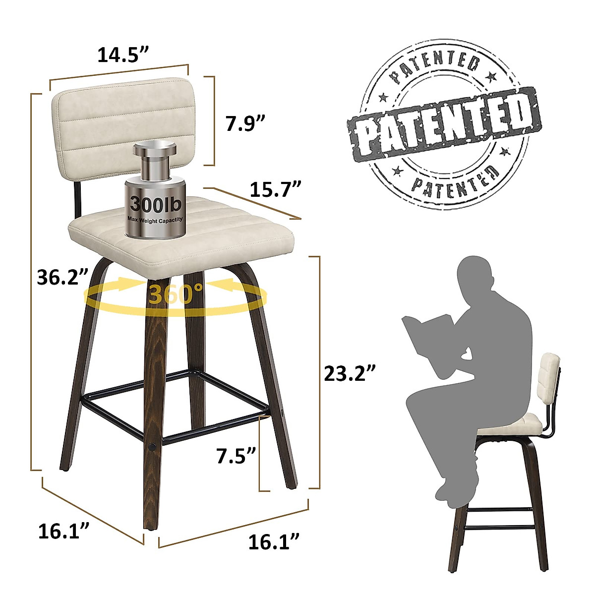 FERFALDER Swivel Bar Stools Set of 2, Counter Height, Wooden Frame, PU Leather Cushions, Beige