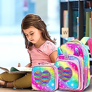 gxtvo 3PCS Girls Backpack, 16" Unicorn Rainbow Sequin Preschool Elementary Bookbag and Lunch Box