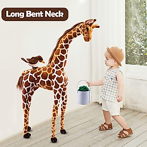 BRINJOY Giant Giraffe Stuffed Animal Set, 47 Inch Large Plush Giraffe Toy with Bird&Basket&Leaves&Card, Big Lifelike Standing Giraffe for Girls Boys
