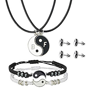 Yin Yang Necklaces for 2 Best Friends with Adjustable Matching Cord Bracelets and Earring Studs for Bff Friendship Valentine's Boyfriend Girlfriend Relationship Gifts(4 Pairs Sets)