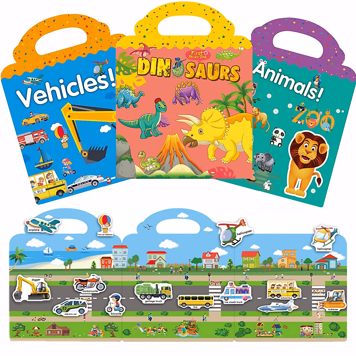 Reusable Stickers Book for Toddlers,Dinosaur, Animal and Vehicle Static Sticker for Kids Activity Books Learning Toys Birthday Christmas Gifts