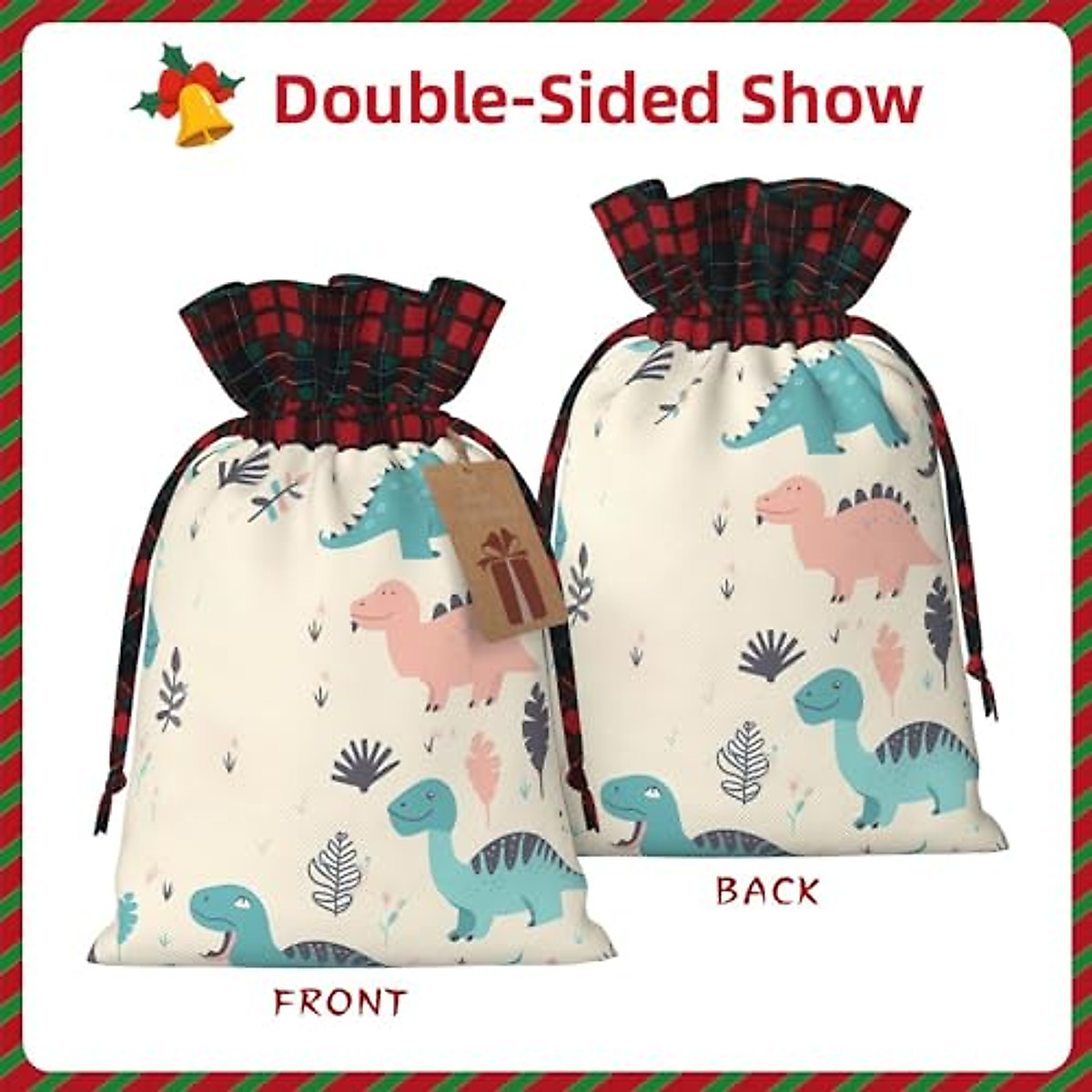 Christmas Gift Bags with Drawstring Burlap Gift Bags Adorable Dinosaur Christmas Linen Bags for Xmas Party Candy Bags with Cards Xmas Reusable Wrapping Bags Christmas Linen Treat Bags for Holiday