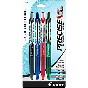 PILOT Precise V5 RT Deco Collection Refillable & Retractable Liquid Ink Rolling Ball Pens, Extra Fine Point (0.5mm) Black/Blue/Red/Green Inks, 4-Pack (41978)