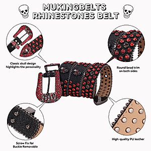 MUKINGBELTS Men Women Skull Rhinestone Belts Western Bling Luxury Strap Studded Leather Belt (Black-Red, 40: Fit waist from 28"-30")