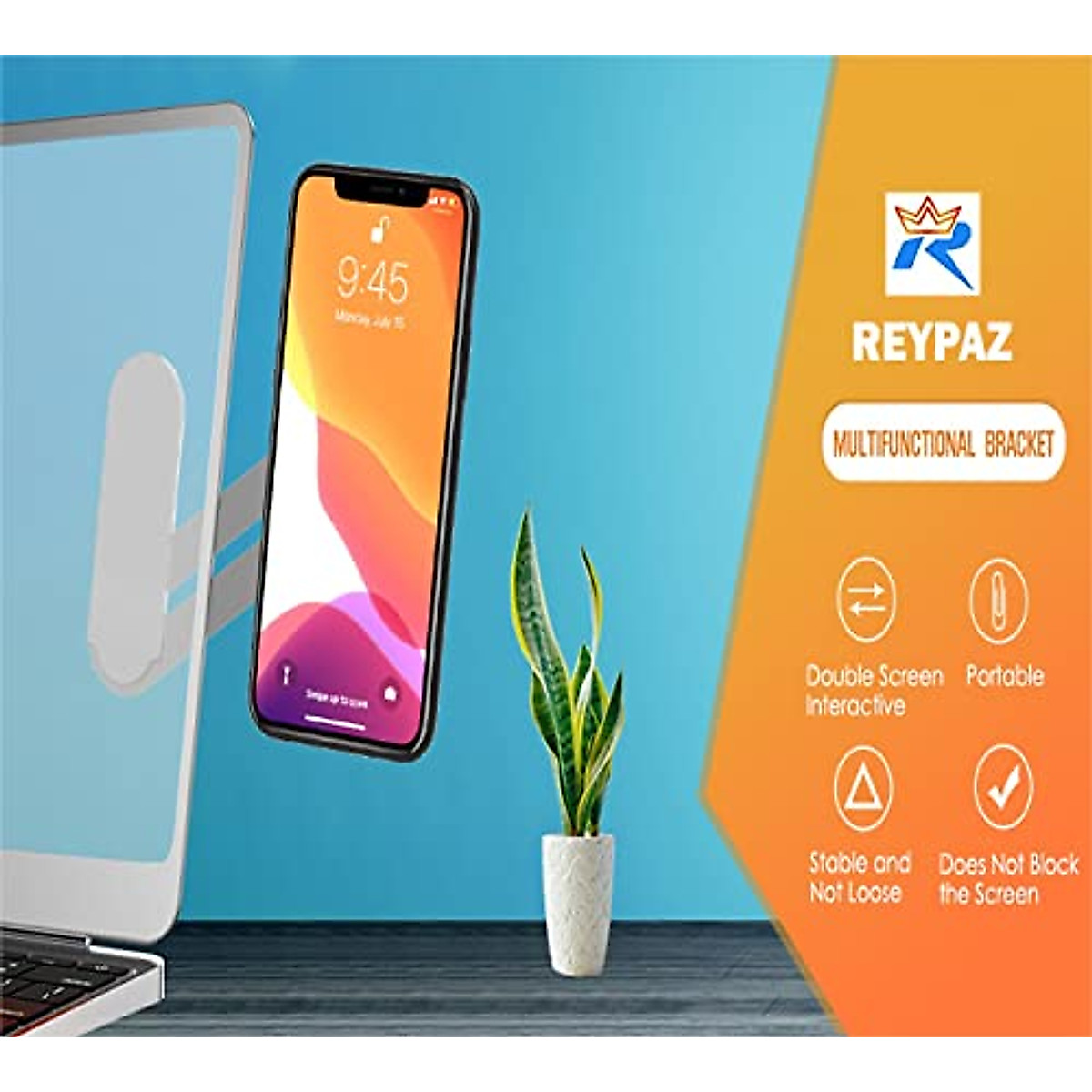 REYPAZ Adjustable Laptop Side Mount Clip, Phone Holder for Laptop - Laptop Stand Computer Monitor Expansion Bracket Compatible with All Cell Phones