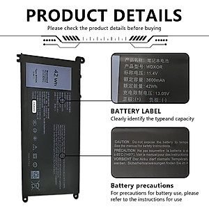 3600mAh 42WH WDXOR Laptop Battery for Dell Inspiron Notebook 13 5368 5378 5379 7368 7378 15 5565 5567 5568 5578 7560 7570 7579 7569 17 5765 5767 5770 Series WDX0R FC92N 3CRH3 High Performance 11.4V