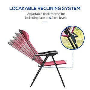 Outsunny Folding Patio Chairs Set of 2, Outdoor Deck Chair with Adjustable Sling Back, Camping Chair with Removable Headrest for Garden, Backyard, Lawn, Red