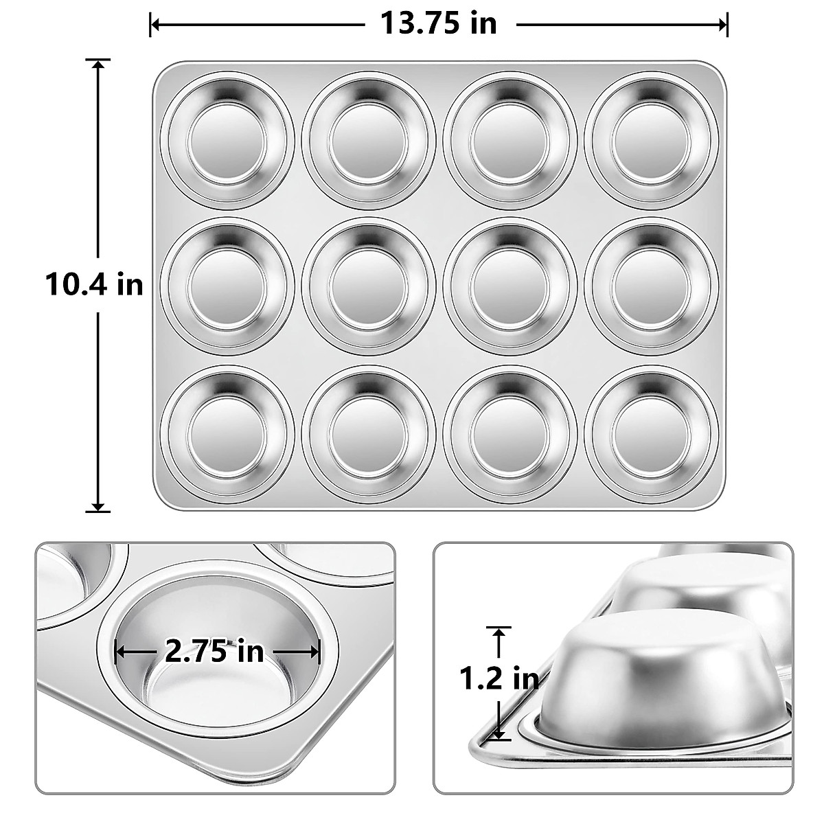 Homikit Muffin Pan Set of 2, Stainless Steel Cupcake Tin Pans with 12 Regular Size Cups for Oven Baking, Deep Metal Muffin Tray Molds Great for Home Kitchen, Rust Free, Dishwasher Safe