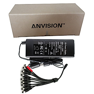 ANVISION AC to DC 12V 5A Power Supply Adapter with 9 Way Splitter Cable, Plug 5.5 x 2.1mm for Led Light Strips, NVR DVR Security Camera, Efficiency Level VI