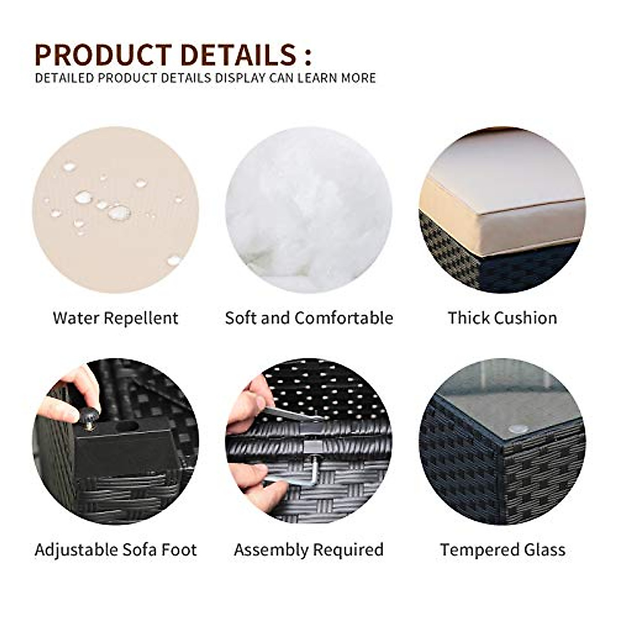 Valita 7 Piece Outdoor PE Wicker Furniture Set, Patio Black Rattan Sectional Sofa Couch with Washable Khaki Cushions…