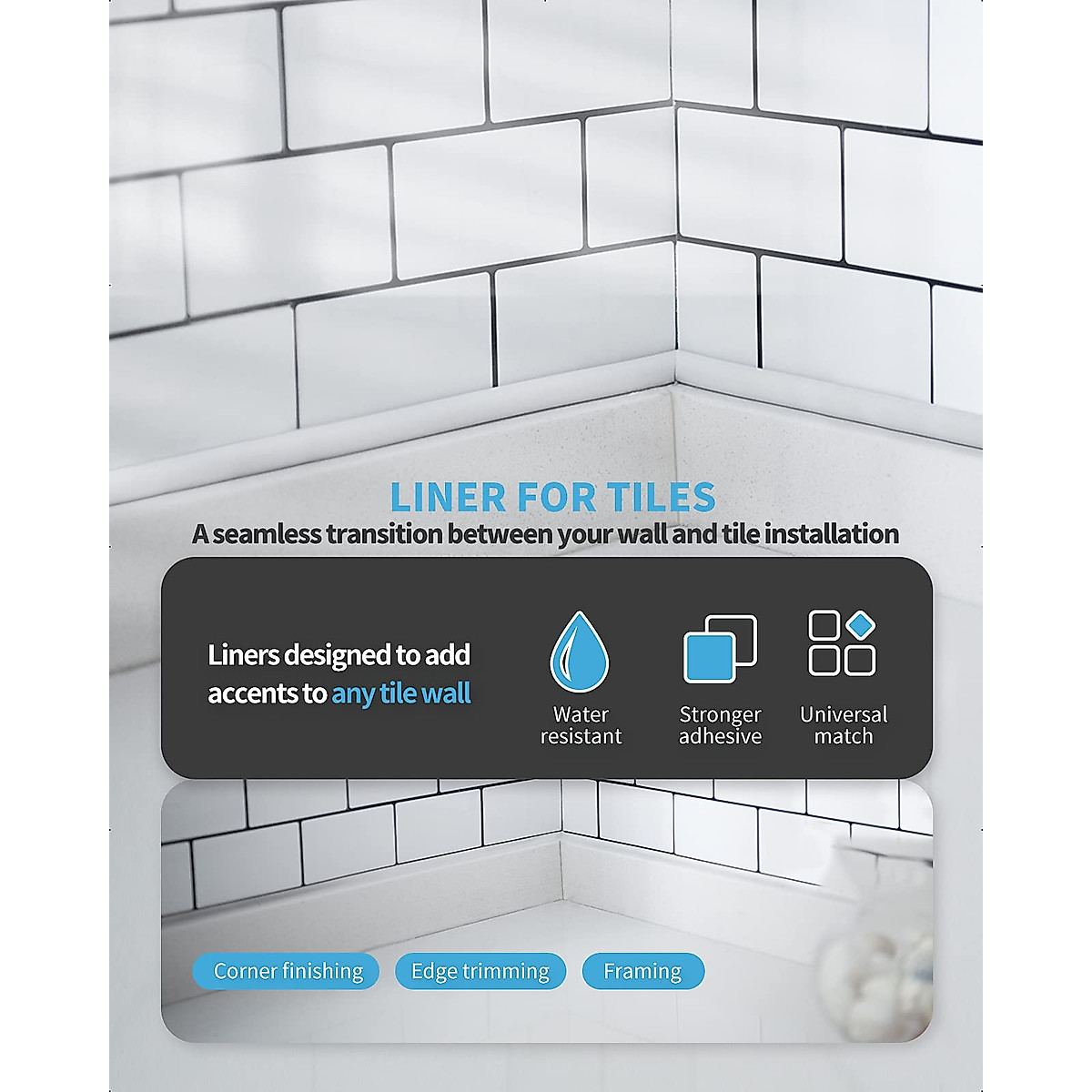 Art3d 10 Ft Peel and Stick Trim for Backsplash Tile Edge, Self-Adhesive Liner for Corner Decor in White