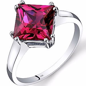 PEORA Created Ruby Solitaire Ring for Women 14K White Gold, 3.25 Carats Princess Cut 8mm, Size 7