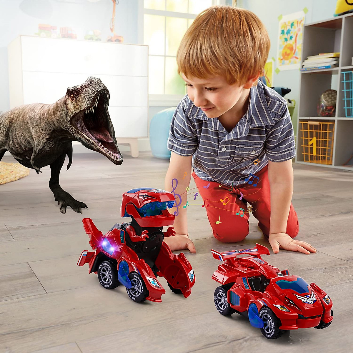 Refasy Toys for 4 Year Old Boys,2 in 1 Transforming Dinosaur LED Car with Music Kids Toys Dinosaur Toys Birthday Gifts for Boys Girls(Red)