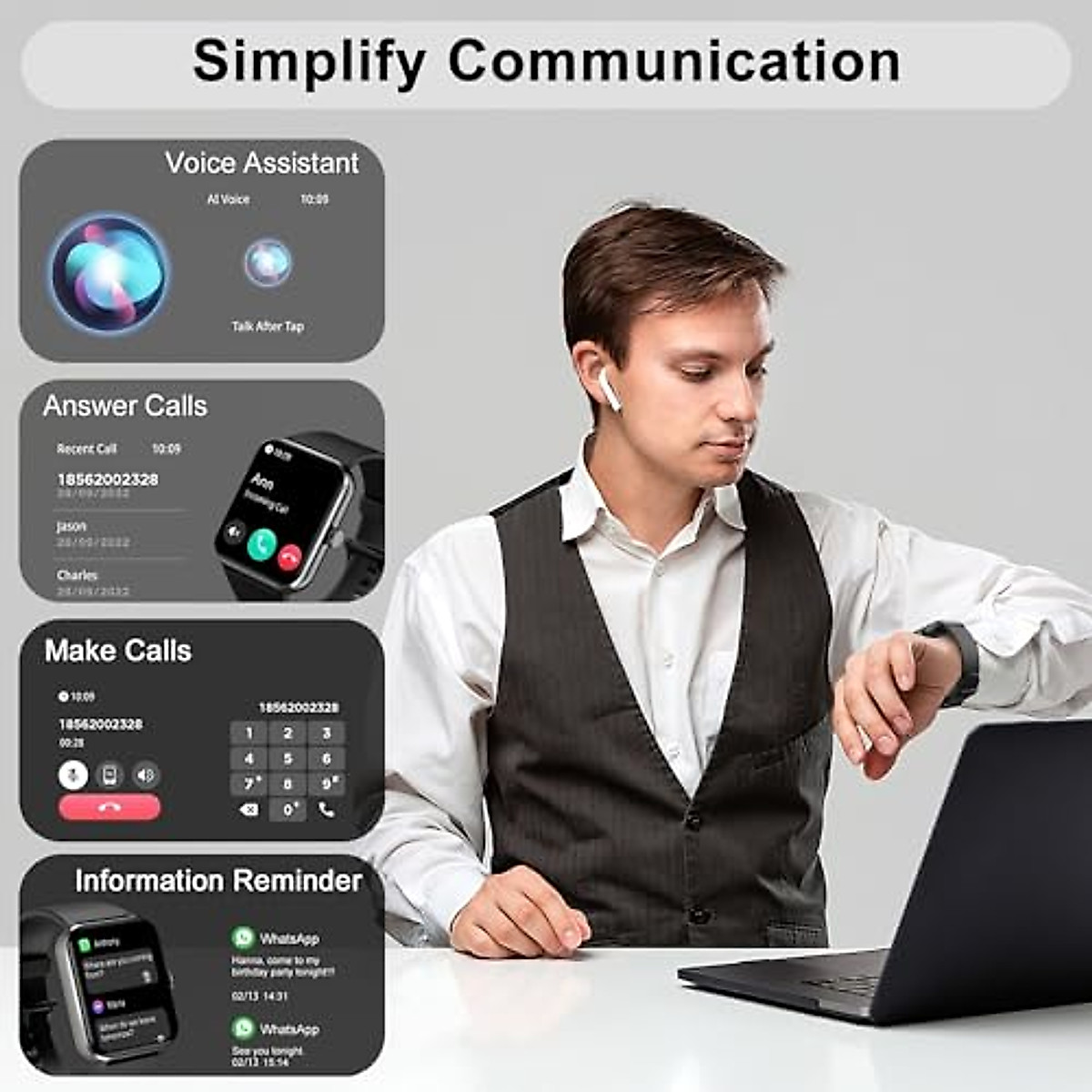 IOWODO Smart Watch Fitness Tracker 1.69'' HD Touch Screen with Heart Rate Monitor & Sleep Tracking, Temperature Detecting IP68 Waterproof Smartwatch for Men Women Compatible with iPhone Android