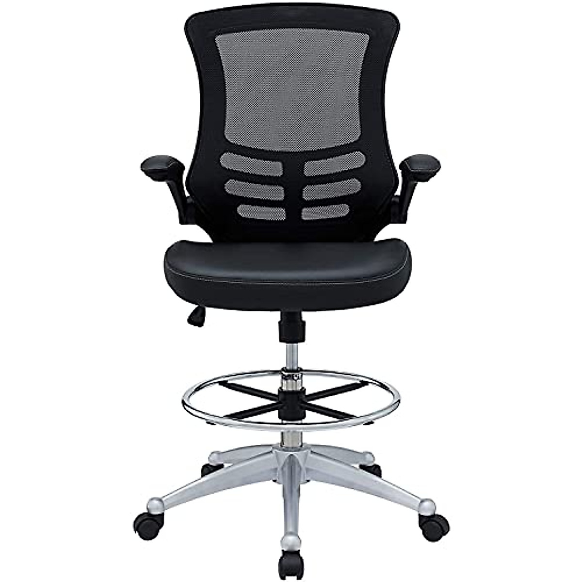 Modway Attainment Vinyl Drafting Chair - Drafting Stool With Flip-Up Arm in Black