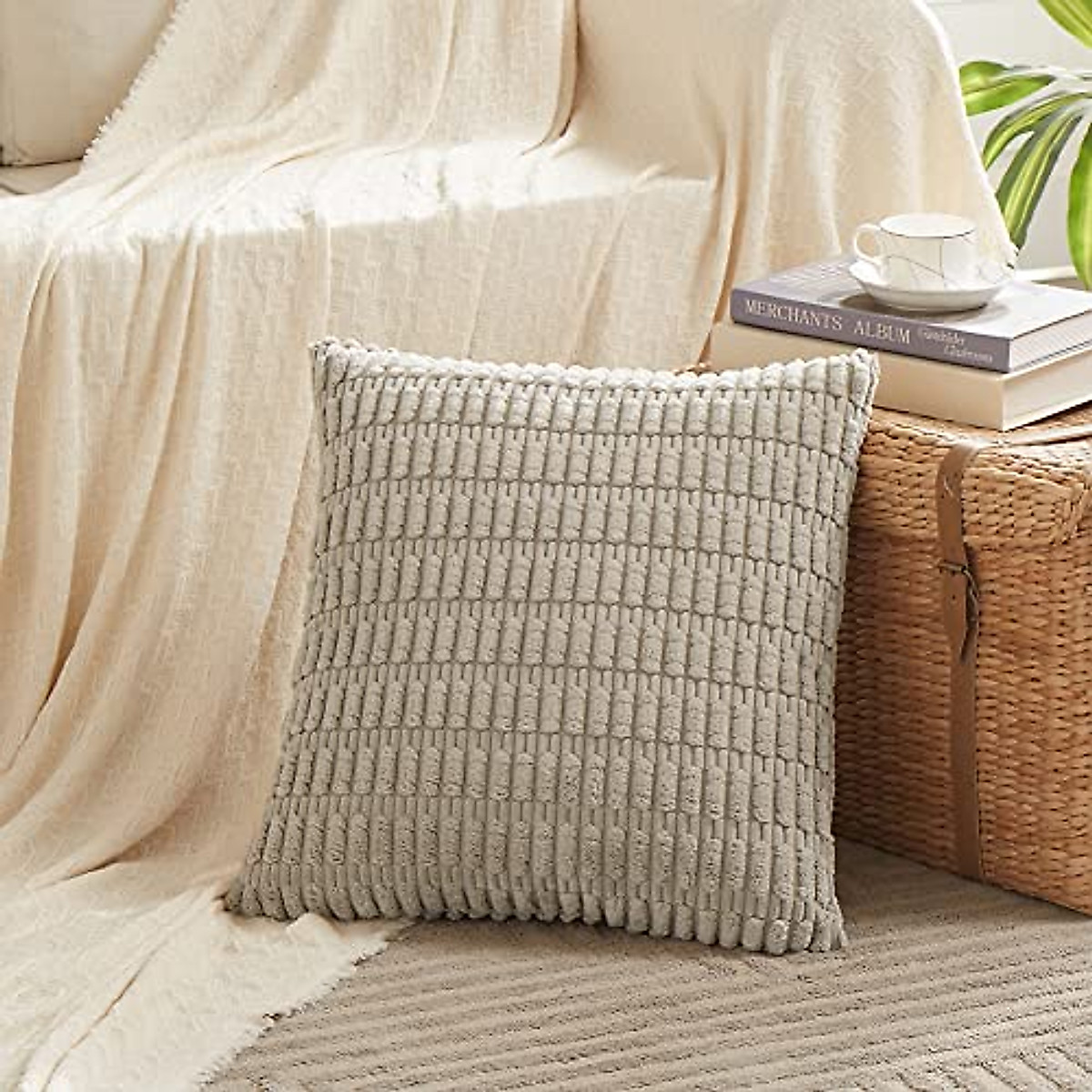Fancy Homi 4 Packs Neutral Decorative Throw Pillow Covers 18x18 Inch for Living Room Couch Bed Sofa, Rustic Farmhouse Boho Neutral Home Decor, Soft Plush Striped Corduroy Square Cushion Case 45x45 cm