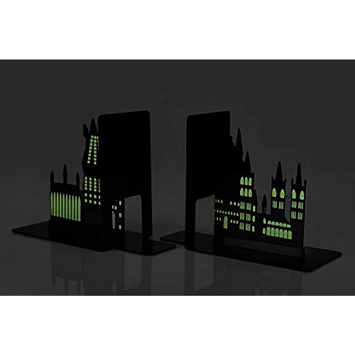Harry Potter Hogwarts Castle Metal Bookends | Die Cut Metal Bookends with Hogwarts Castle Silhouette Glow in The Dark Design | Ideal for Harry Potter Book Collections & More