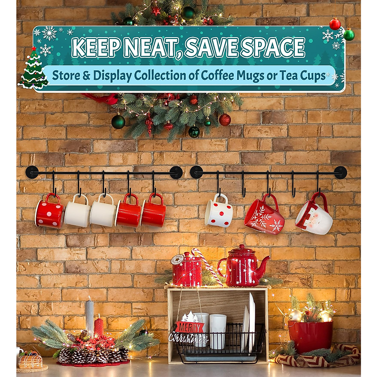 HOMEBROS Coffee Mug Rack, Black Metal Coffee Cup Holder Wall Mounted Hanging Coffee Mug Holder with 10 Mug Hooks Space Saving Kitchen Coffee Bar Mug Hanger Tea Cup Holder for Storage & Display - 2 Pcs