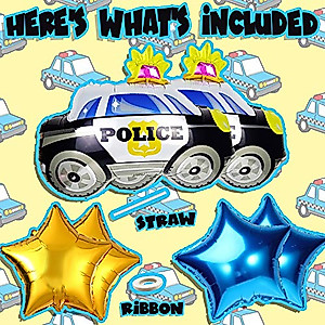 OMG Party Factory - Police Party Balloons | Police Car Themed Birthday or Academy Graduation Decorations Mylar Foil Helium Balloon Decor | Large Officer Balloon Supplies Set in Blue