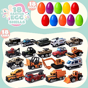 JOYIN 18 Pcs Jumbo Easter Eggs Filled with Die-cast Vehicles, Pull Back City Cars and Trucks Toy Prefilled Egg for Kids Basket Easter Stuffers, Party Favors and Easter Eggs Hunt