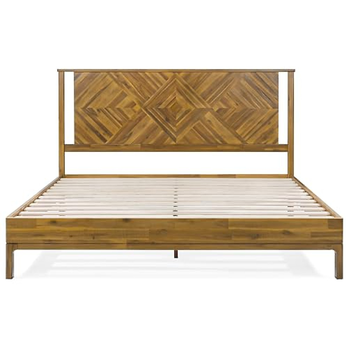 Bme Ethan Solid Wood King Bed Frame with Diamond Headboard - Rustic & Mid-century Modern - Acacia Wood Platform Bed - Compatible with All Mattresses - No Box Spring Needed - Rustic Dark Brown
