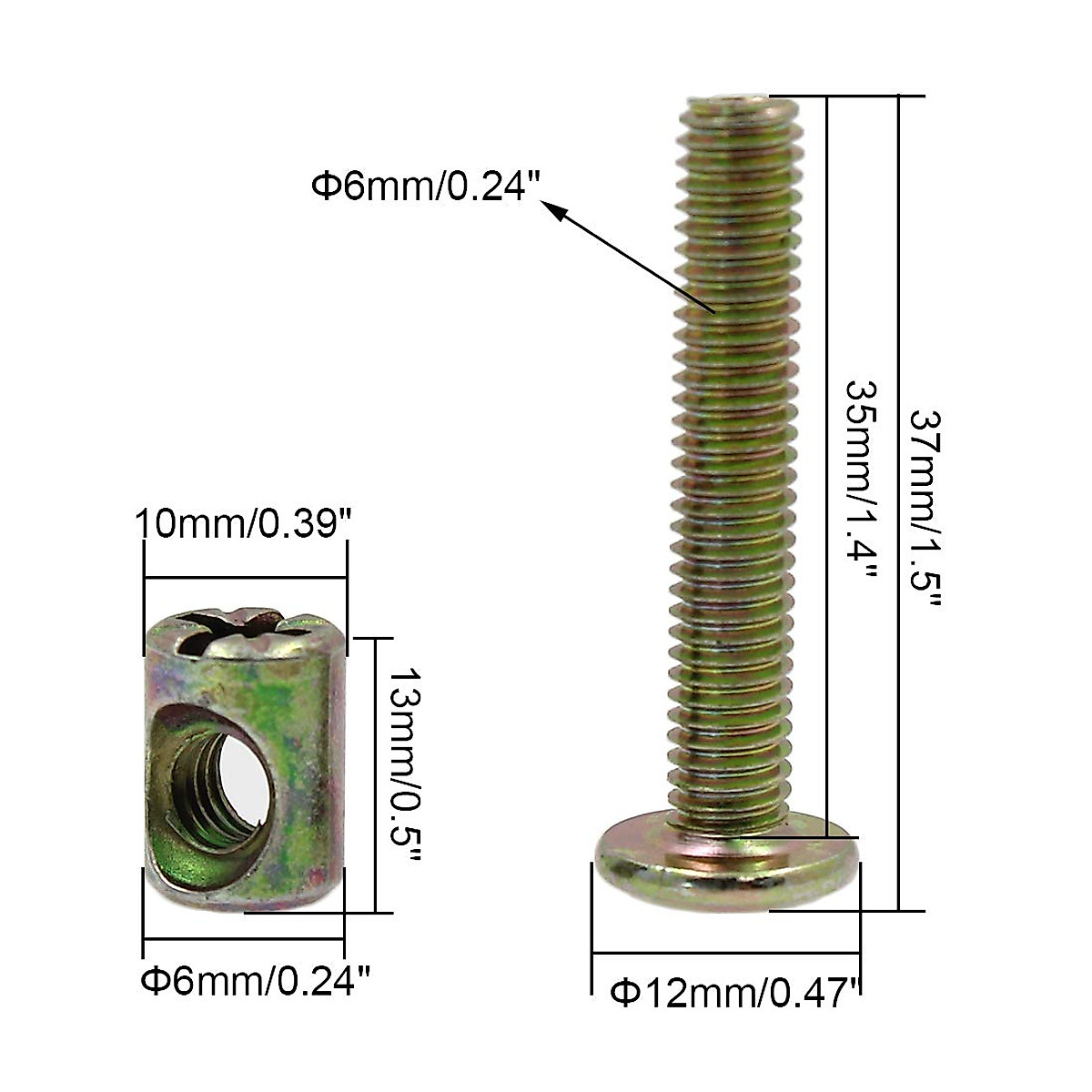 Eilumduo 20 Sets Crib Screws and Bolts, M6 x 35mm Zinc Plated Hex Socket Head Cap Screws Bolt Nuts, Barrel Bolt Nuts Hardware Replacement Kit for Furniture Cots, Beds Crib, Chairs (Philips Barrel Nut)