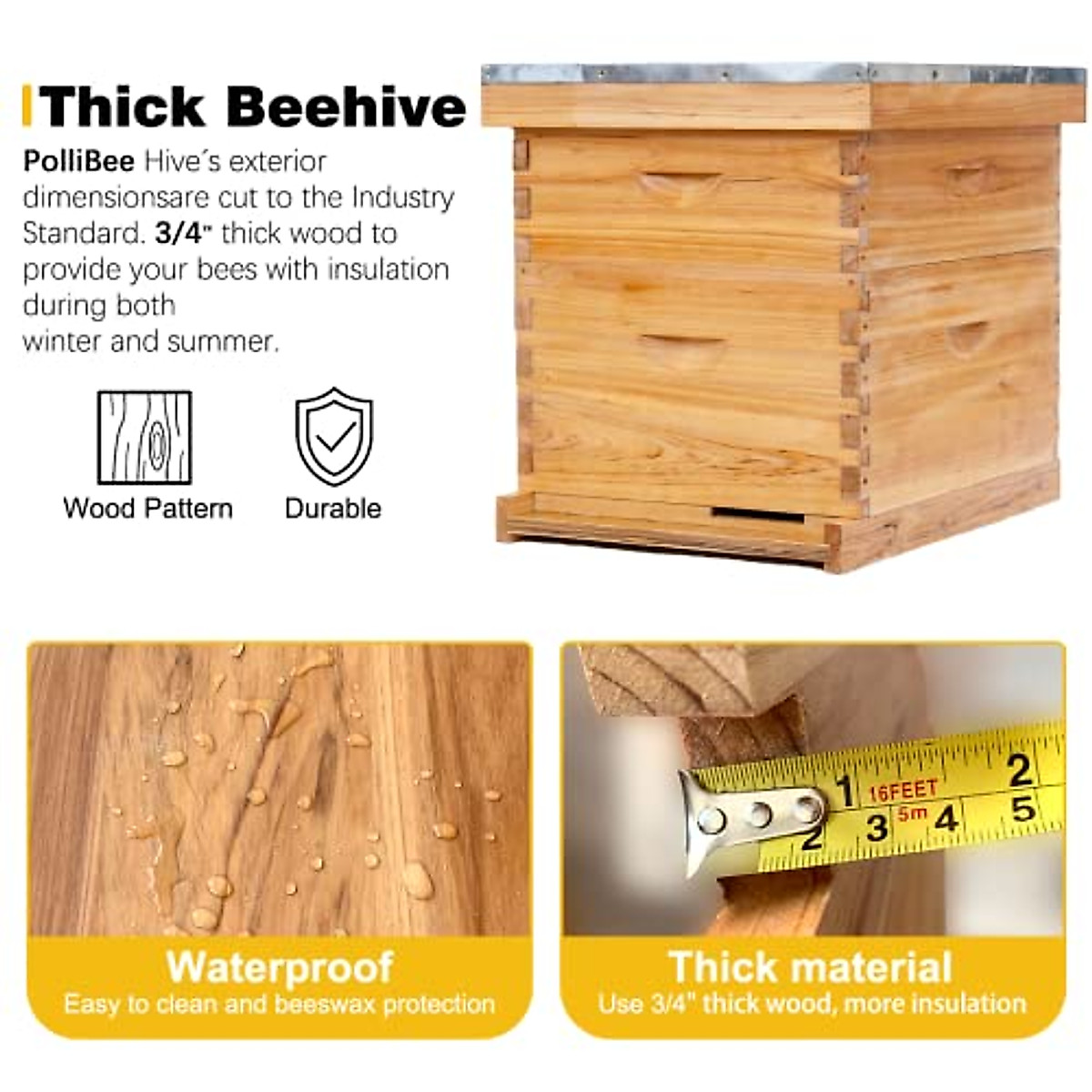 POLLIBEE 10 Frame Beehive Starter Kit, Beeswax Coated Bee Hives Includes 1 Deep Bee Boxes and 1 Bee Hive Super with Beehive Frames and Beeswax Foundation