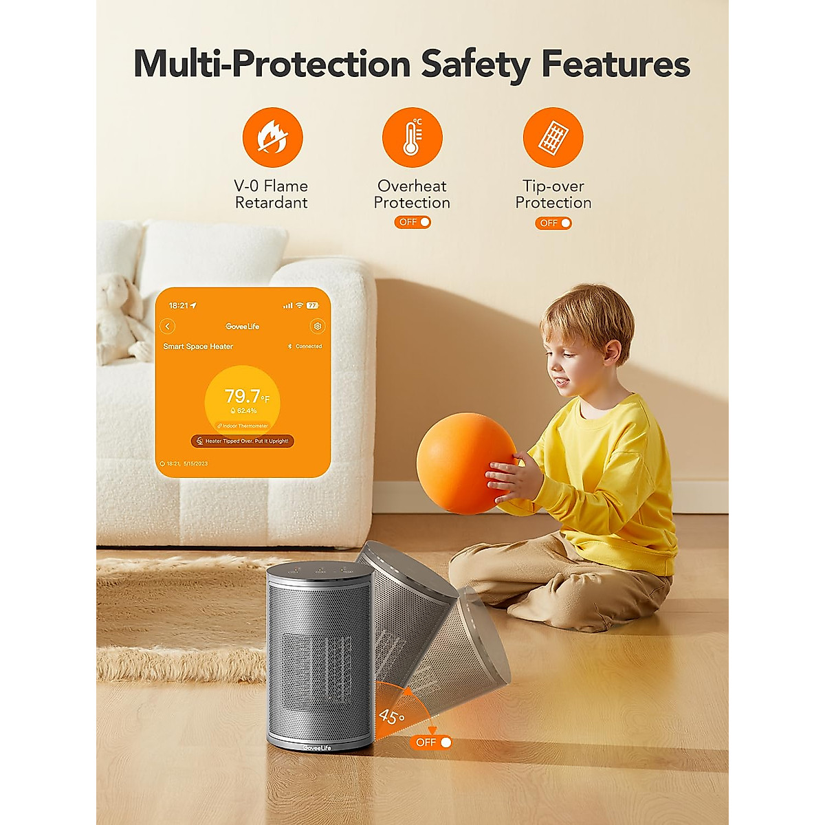 GoveeLife Space Heater for Indoor Use, 1500W Fast Electric Heater with Smart Thermostat, Wi-Fi App & Voice Remote Control, Small Heater Safety for Bedroom Home Indoors Office Desk Portable, Grey