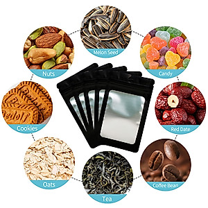 Funnyleaf 100 Pieces Black Resealable Mylar Holographic Bags Food Storage Smell Proof Bags with Front Window Packaging Pouch for Cookies Sample Jewelry Snack,2.36 * 3.94 inches