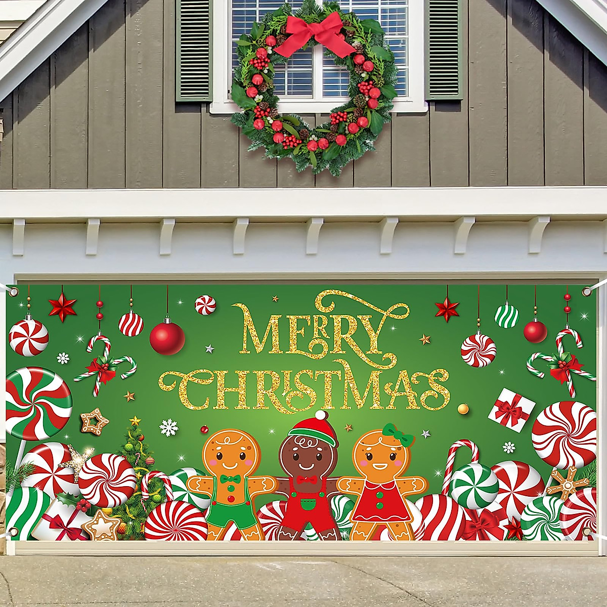 Christmas Candy Garage Door Decoration Merry Christmas Garage Door Banner Cover Peppermint Candy Cane Gingerbread Man Garage Backdrop for Xmas Eve Holiday Outdoor Wall Decor, 7 x 16 ft