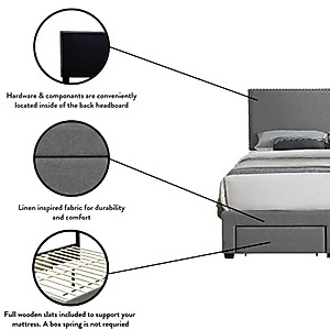 DG Casa Lucas Upholstered Platform Bed Frame with Storage Drawers Nailhead Trim Headboard and Full Wooden Slats, Box Spring Not Required-Queen Size in Grey Polyester Blend Fabric