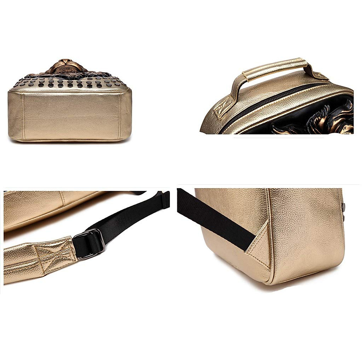 GUQIMEI Mens 3D Lion PU Emboss Rivet Punk Backpack Rock Personality Laptop Bag Creative Travel Leisure, Gold, One Size