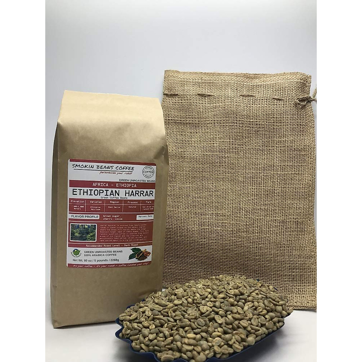 5-pound Ethiopia Harrar Natural (Unroasted Green Coffee Beans) African heirloom Arabica coffee fresh current-crop beans for home coffee roasters specialty-grade coffee beans includes a free burlap bag