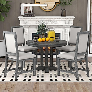 KLMM Classic Wood 5-Piece Dining Set with Extendable Round Table and 4 Upholstered Chairs,for Kitchen Dining Room (Black@Leaf/)