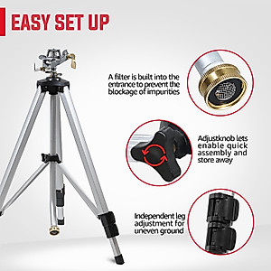 YAMATIC Impact Sprinkler on Adjustable Tripod Base, 360 Degree Large Area, Heavy Duty Adjustable Pulsator Sprinkler for Lawn, Yard and Grass Irrigation, Spray up to 20-90ft(Zinc Head)