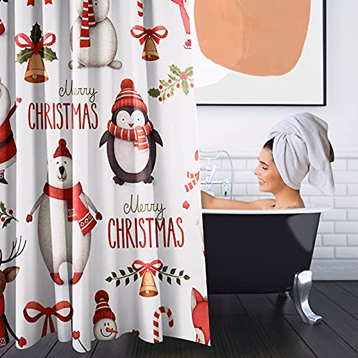 Britimes 4 Piece Shower Curtain Sets with 12 Hooks, Christmas Santa Claus Penguin with Non-Slip Rugs, Toilet Lid Cover and Bath Mat, Durable and Waterproof, for Bathroom Decor Set, 72" x 72"
