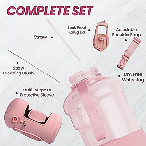 Half Gallon 2.2L Water Bottle With Straw 74oz Large Gym Water Bottle With Storage Sleeve, Bottle Brush, BuiltIn Wallet, Pockets for Phone & AirPod, BPA Free Big Sports Water Jug w/Carry Handle, Pink