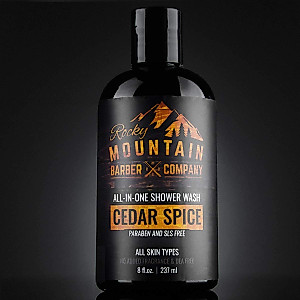 Rocky Mountain Barber Company Cedar Spice All-In-One Body Wash – Shampoo, Body Wash, Conditioner, Face Wash & Beard Wash with Essential Oils - 8 oz