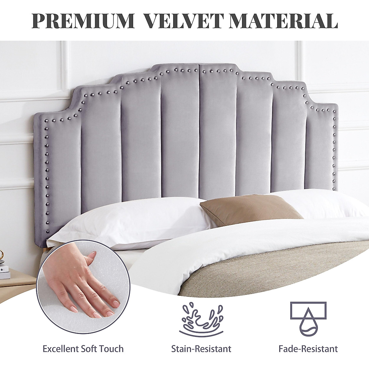 Kingfun Mid Century Headboard for Queen Size Bed, Velvet Upholstered Tufted Bed Headboard with Nailhead Decor, Adjustable Curved Solid Wood Head Board Vertical Channel Design (Medium Grey)