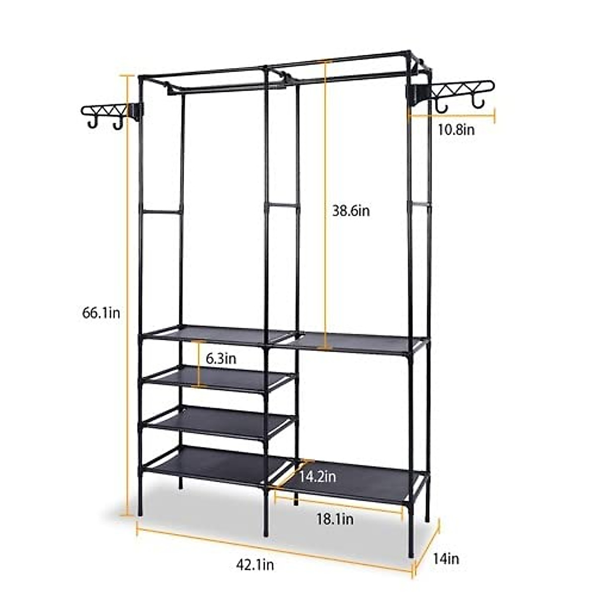 KOCASO Clothes Rack, Clothing Garment Rack, Metal Clothing Rack, Freestanding Wardrobe Closet Rack with 4 Shelves, Closet Organizer with 2 Hanging Rods Black 42.1"x14"x66.1"