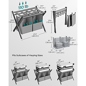 SONGMICS 2 Pack Luggage Racks with 2 Removable Laundry Bag, Set of 2 Suitcase Stands for Guest Room, Foldable for Space-Saving Storage, Steel Frame, Hotel, Bedroom, Slate Gray URLR008G02