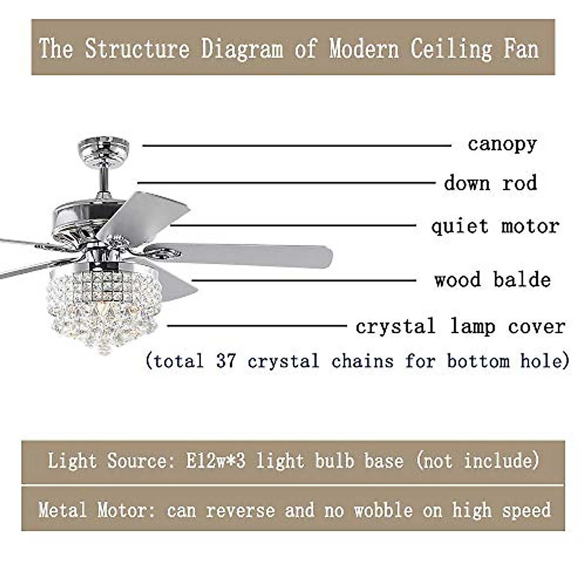 Tropwellhouse LuxureFan 52" Crystal LED Chrome Ceiling Fan Light Fixture Gorgeous Crystal 5 Reverse Wood Blades Modern Chandelier with Remote Control Decoration Home/Living Room
