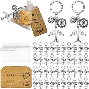 Henoyso 45 Pcs Airplane Keychain Party Favor, Including Airplane Compass Keychain with Thank You Tags, Organza Favor Bag for Party