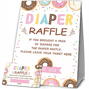 JCVUK Baby Shower Games, 1 Diaper Raffle Standing Sign with 50 Diaper Raffle Tickets,Donut Love Theme Babyshower Party Decorations and Supplies For Boys or Girls(LBLK-B10)
