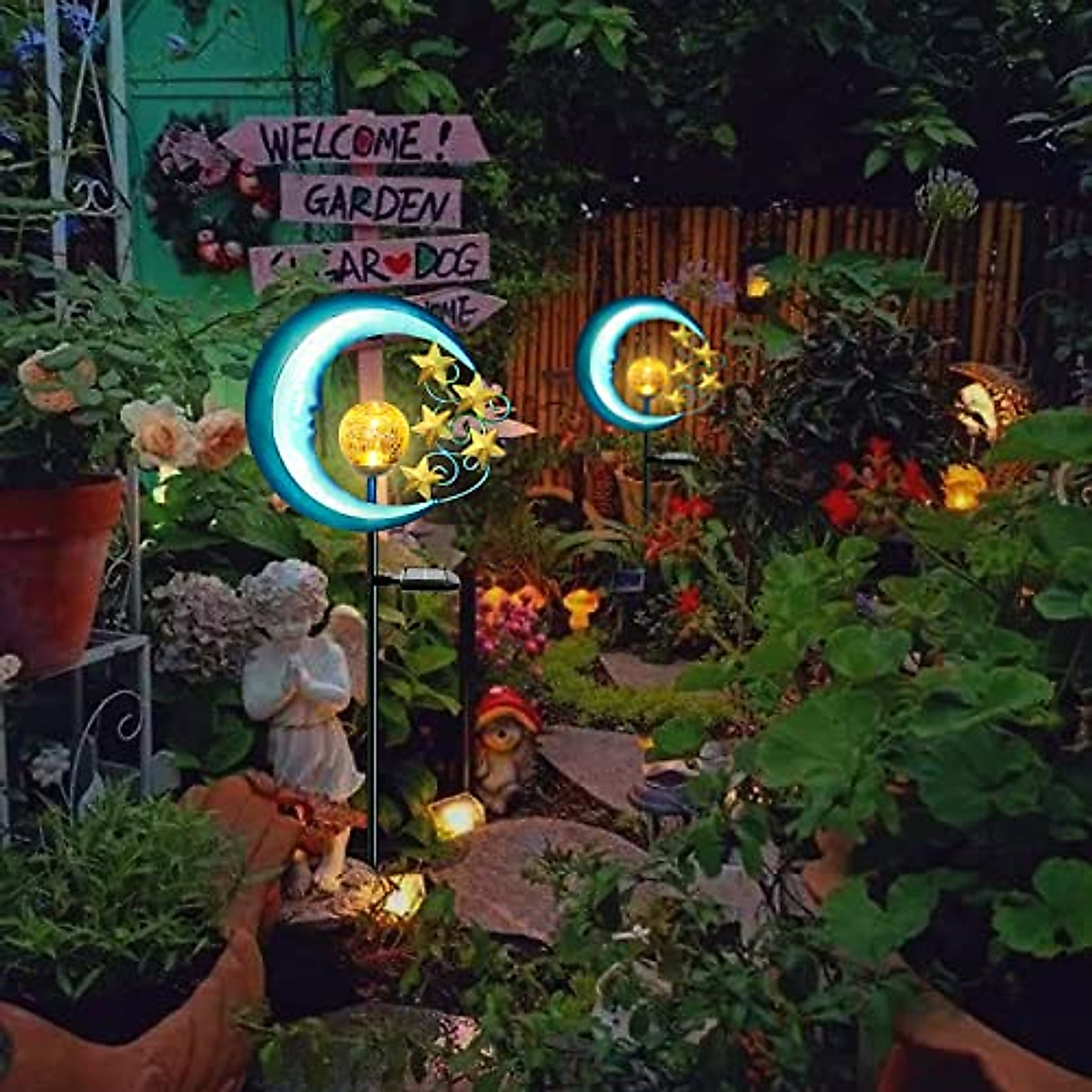 EPROSMIN Solar Outdoor Garden Lights - Solar Powered Pathway Lights Outdoor Decorative Lights Waterproof Crackle Glass Globe Led Landscape Lighting for Pathway,Yard,Lawn,Patio Stars Moon