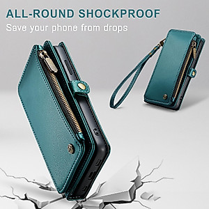 Defencase for iPhone 12/12 Pro Case, RFID Blocking for iPhone 12 Wallet Case for Women with Card Holder, Zipper Magnetic Flip PU Leather Strap Protective Cover for iPhone 12/Pro Phone Case, Blue Green