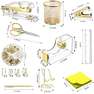 Gold Desk Accessories, Acrylic Stapler, Staple Remover, Tape Holder, Pen Holder, Ballpoint Pen, Scissor, Binder Clips, Staples, Phone Holder, Ruler, Transparent Glue and Sticky Notes