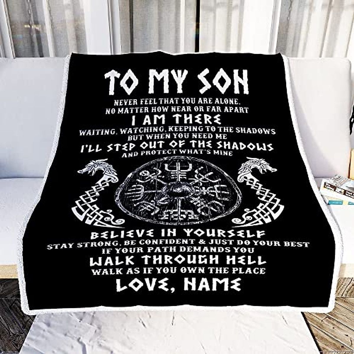 CenturyTee Personalized to My Son Blanket Viking Never Feel You are Alone Odin Scandinavian Norse Runes Son Birthday Christmas Customized Bed Fleece Throw Blanket (60 x 80 Inches - Adult Size)